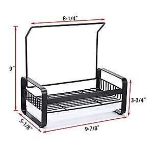 JUXYES Stainless Steel Sponge Holder with Dishcloth Drying Rack, Kitchen Sink Organizer Caddy Tray Sponge Brush Soap Holder with Removable Drain Tray for Kitchen (L, Black)