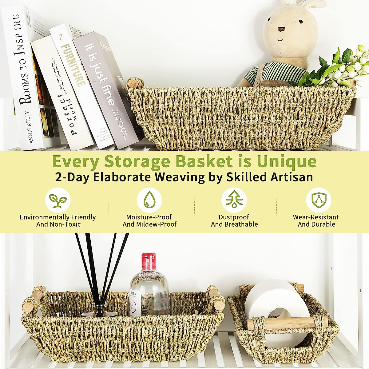 Kenvc Small Wicker Baskets, Seagrass Baskets Set of 3(11/''+13/''+15/''）,Wicker Baskets for Storage, Wicker Storage Basket, Seagrass Storage Baskets with Wooden Handles, Natural (Seagrass)