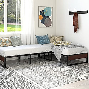 SHA CERLIN 14'' Twin Size Metal Platform Bed Frame with Rustic Wood & Reverse Holes/Ample Under-Bed Storage Space/Mattress Foundation/No Box Spring Needed/Easy Assembly/Noise Free, Metal Slats