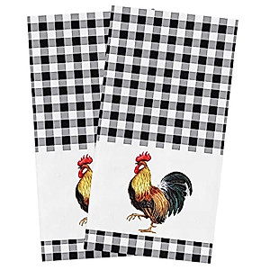 COLORSUM Kitchen Towels and Dishcloths Sets Rooster Cock Farm Black White Plaid Buffalo Check Microfiber Dish Towels Wash Cloths for Kitchen Accessories Indoor Home Decor 2 Pcs