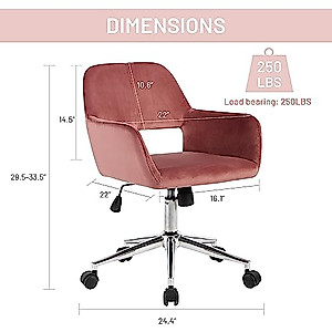 FurnitureR Velvet Home Office Chair, Mid Back Desk Chairs with Rolling Wheels, Adjustable Task Chair for Living Room, Bedroom, Make-up, Studying, Small Spaces - Rose