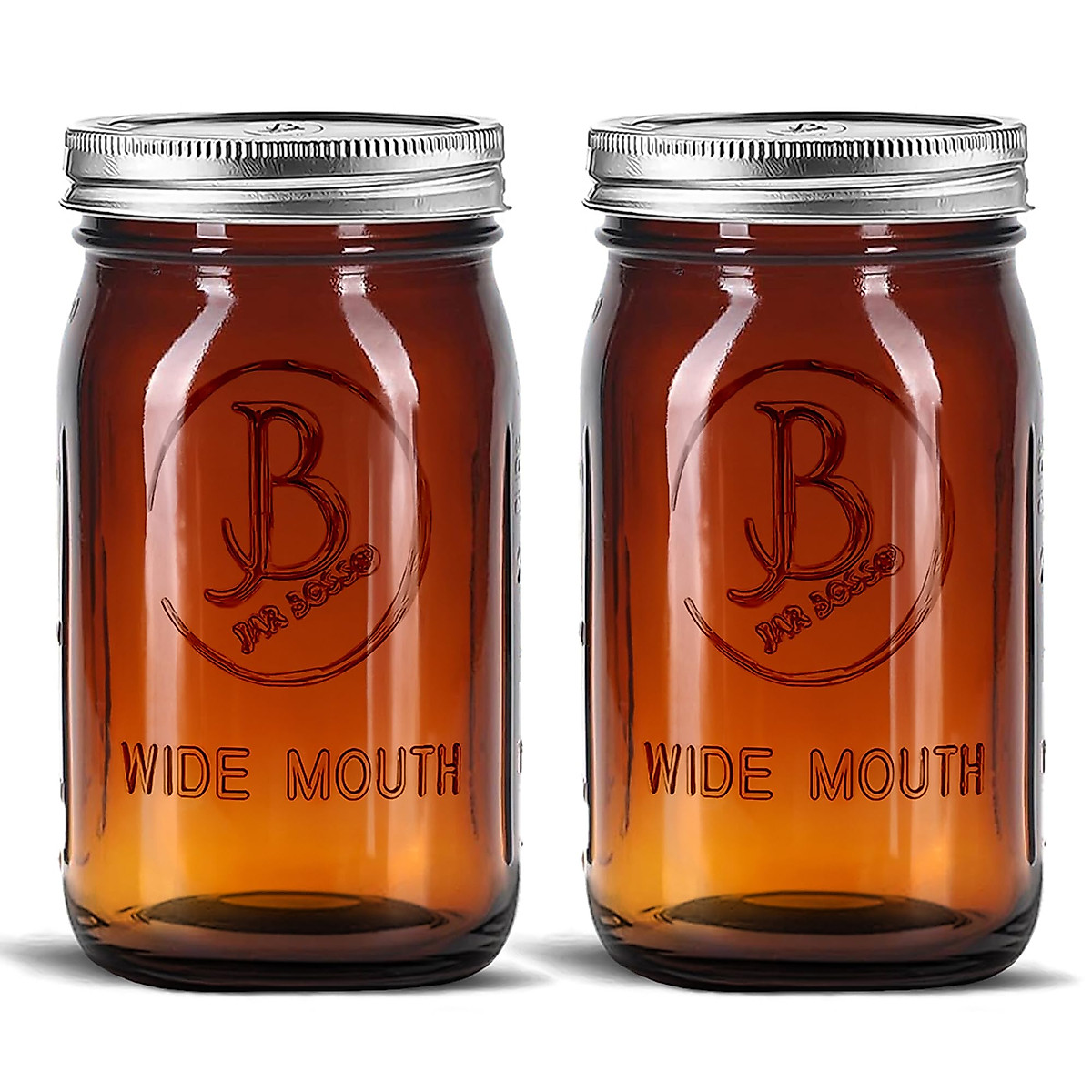 Amber Wide Mouth Mason Jars 32 oz - (2 Pack) - Amber Glass Quart Mason Jars With Airtight Lids and Bands. For Storage, Canning, Fermenting, Meal Prep, Cold Brew Coffee, Microwave & Dishwasher Safe