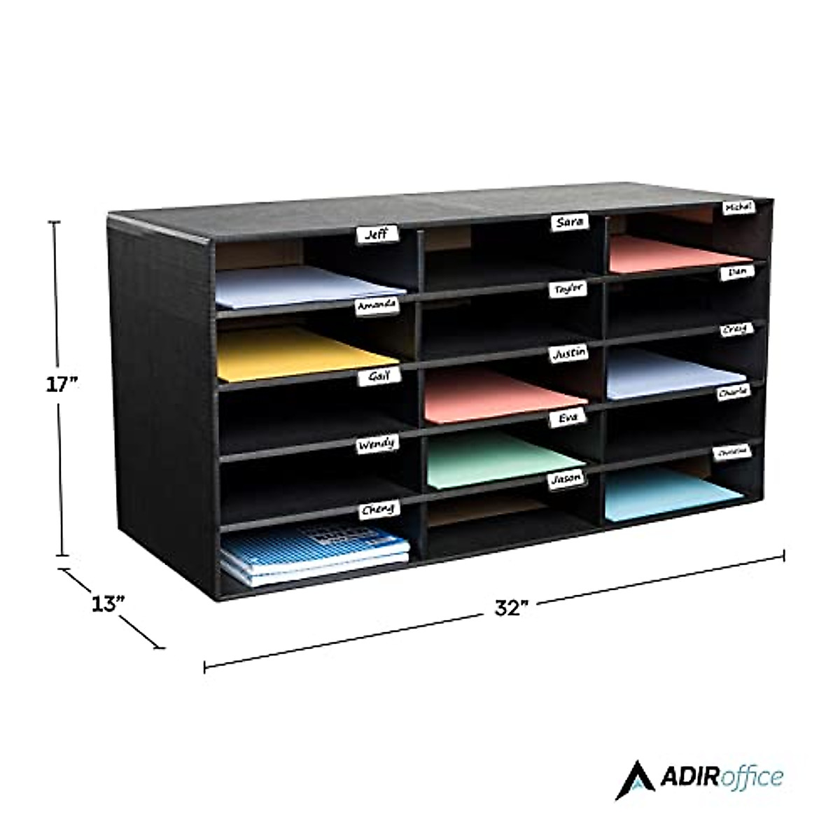 AdirOffice Cardboard Paper Organizer - Classroom Mailbox, Literature Organizers, Office Sorter Mailboxes, Construction papers Storage with Slots, Compartment Shelf Holder (15 Slot, Black)
