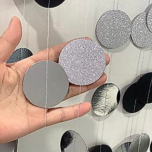 SaktopDeco 65.6 Feet Glitter Black Silver Circle Dot Paper Garland Black Birthday Wedding Bachelorette Party Backdrop Decorations