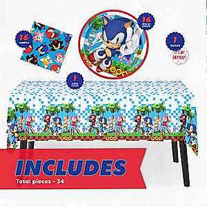 Sonic the Hedgehog Birthday Party Supplies, Plates, Napkins for 16, Table Cover | Sonic Birthday Party Decorations | Sonic Party Decorations | Officially Licensed