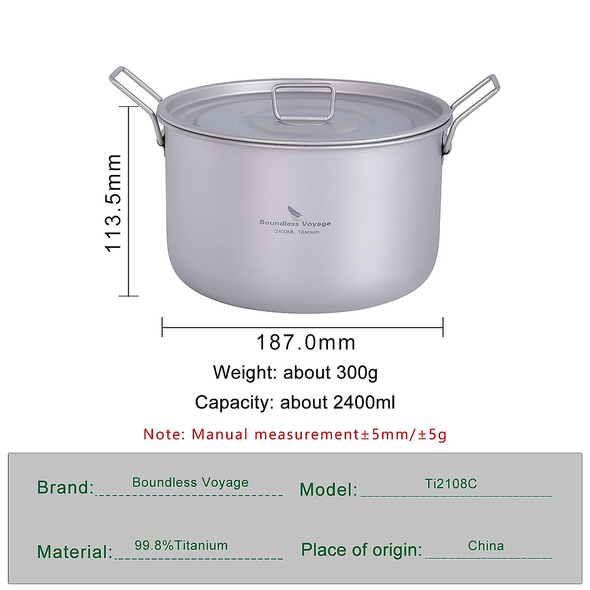 Boundless Voyage Camping Cookware Lightweight Cooking Pot Set Titanium Pot Portable for Outdoor Cooking Traveling Hiking Trekking Backpacking, 1-5 Person (2.4-Pot)