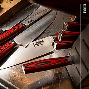 BUBBA Kitchen Knife Set for all your kitchen cutting needs with G10 Handles, Premium German Stainless Steel and a Parawood Knife Block.