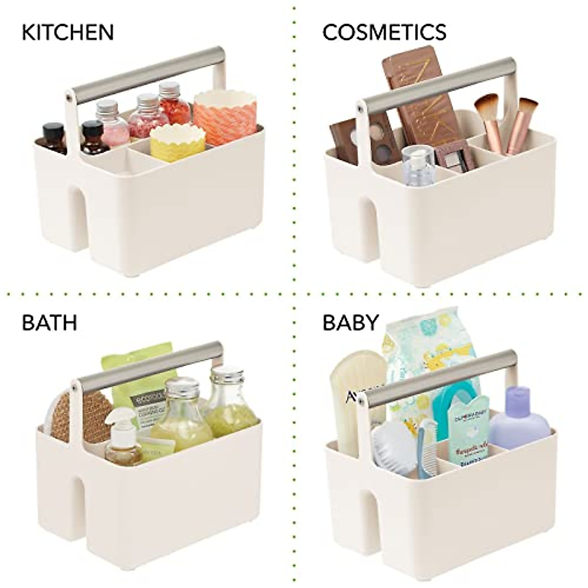 mDesign Plastic Shower Caddy Storage Organizer Utility Tote, Divided Basket Bin - Metal Handle for Bathroom, Dorm, Kitchen, Holds Soap, Shampoo, Conditioner - Aura Collection - Cream/Beige/Satin