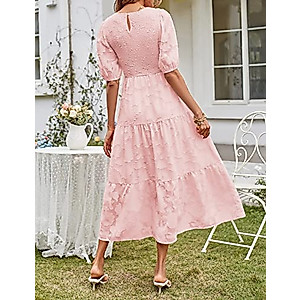 MEROKEETY Summer Dress for Women Elegant Smocked Short Puff Sleeve Floral Solid Midi Maxi Dresses,Pink,S