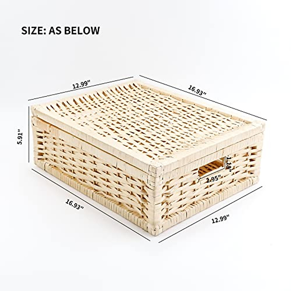 KINGWILLOW Wicker Basket with Lid, Rectangular Wooden Framed Woven Storage Bin with Inside Handles