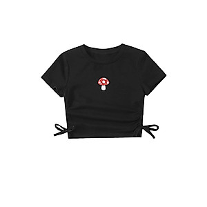 SOLY HUX Girl's Crop Top Graphic Tee Summer Drawstring Side Tie Knot Hem Round Neck Short Sleeve T-Shirts Black 11-12Y