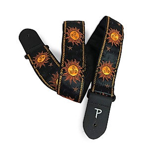 Perris Leather Guitar Strap - Sunshine Motif Jacquard Ribbon Guitar Strap, with Leather Ends - Electric/Acoustic/Bass Guitar Strap - Adjustable Strap From 39″ to 58″ - Black