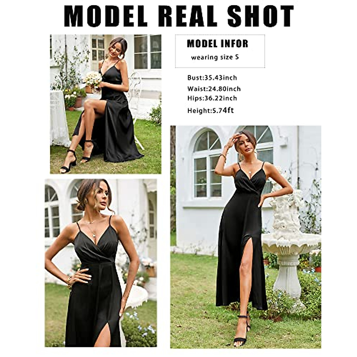 Newshows Women's Satin Long Black Dress V Neck Spaghetti Strap Sleeveless Slit Cocktail Wedding Guest Summer Maxi Dress 2023 (Black, Medium)