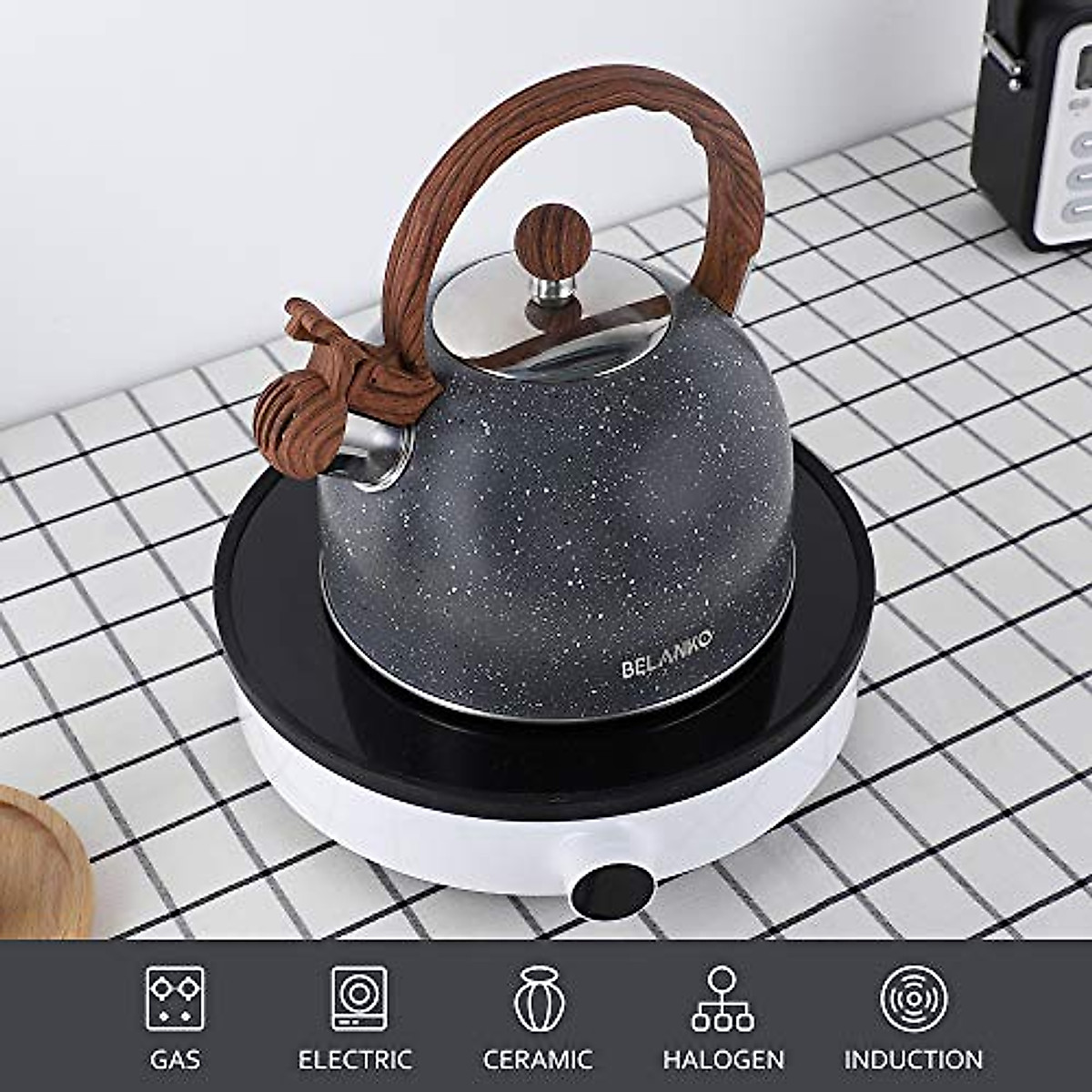 Tea Kettle, 2.3 Quart / 2.5 Liter BELANKO Stainless Steel Tea Kettles, Food Grade Stovetops Tea pot with Wood Pattern Handle Loud Whistling for Tea, Coffee, Milk etc, Gas Electric Applicable - Gray