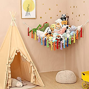 iKeelo 74x56x56 Macrame Toy Storage Hammock for Stuffed Animals, Fits 50-80 Plushies, Wall Hanging Toy Organizer for Kids Bedroom, Nursery and Playroom