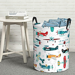 Cartoon Airplanes Laundry Basket Waterproof Collapsible Laundry Hamper with Durable Handle Round Storage Basket Dirty Clothes Organizer for Bedroom Bathroom College Dorm
