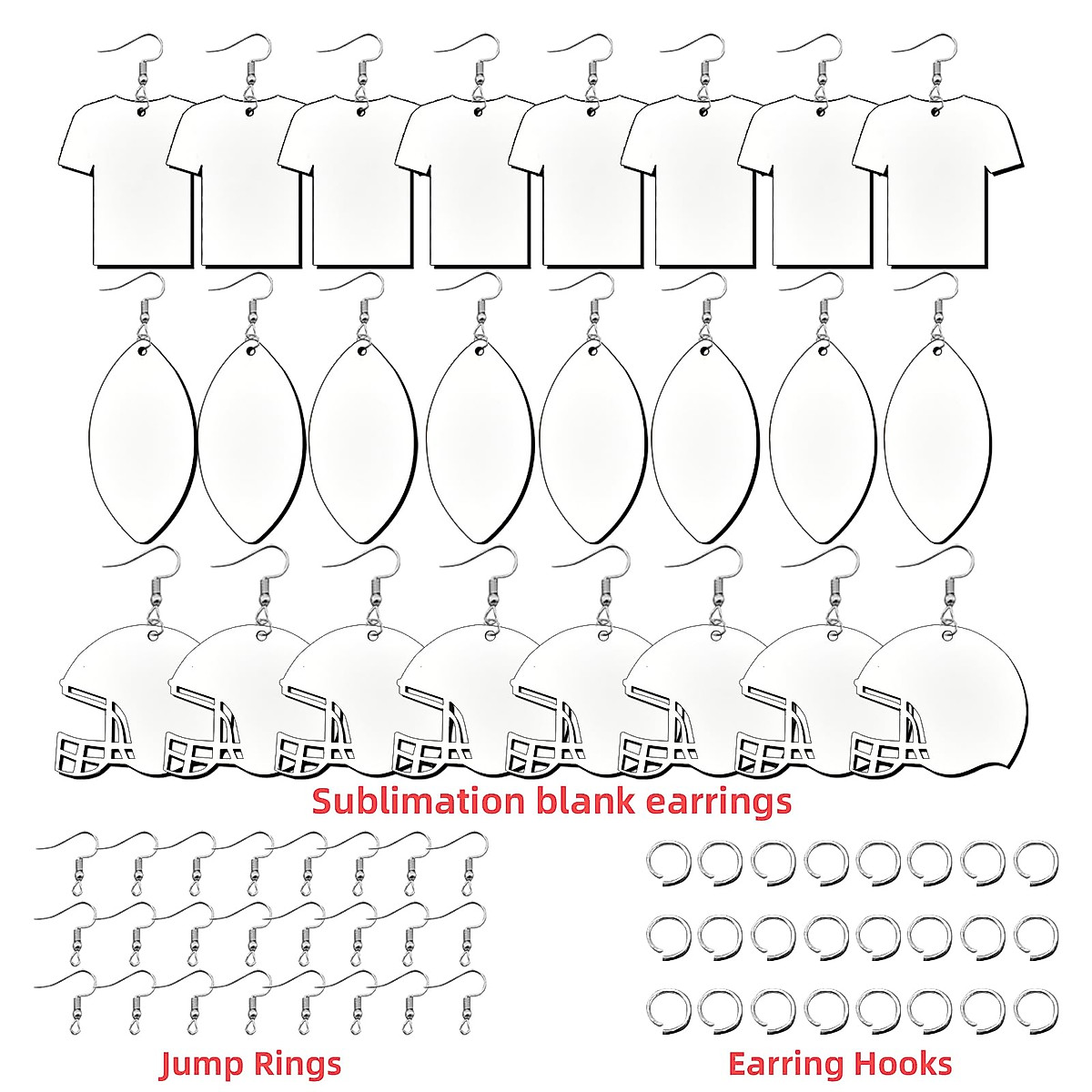 24 PCS Sublimation Earring Wooden Blanks Bulk MDF for Sublimation Football Earrings Double-Sided with Earring Hooks and Jump Rings DIY Sublimation Earrings Kit (Football, Football Shirt, Helmet)