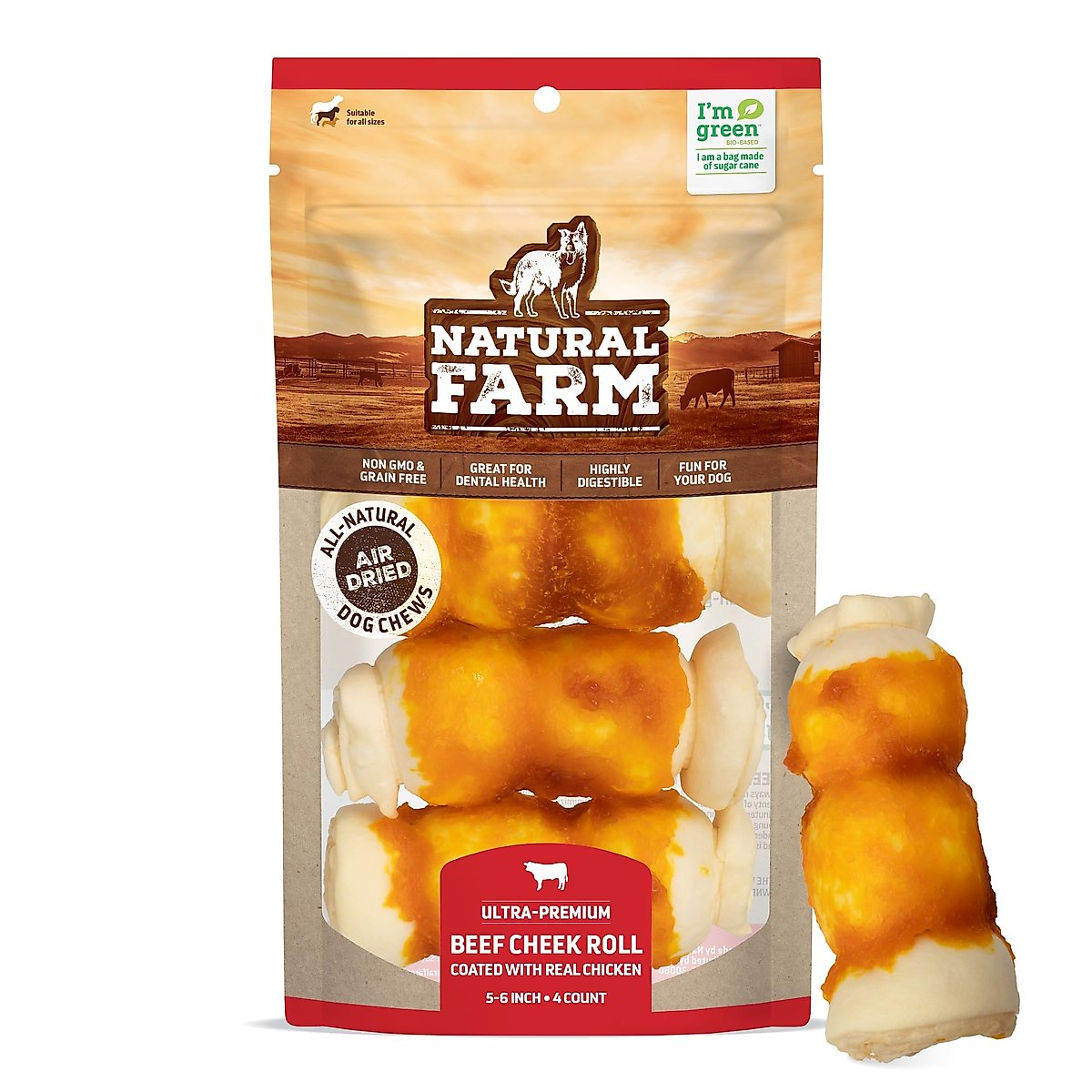 Natural Farm Beef Cheek Rolls, Chicken Flavor, 5-6" Inch (4 Pack), Safe Rawhide Alternative Dog Chew - Great for Power Chewers - Long Lasting Chews, Treats, Bones for Aggressive Chewers & Large Dogs