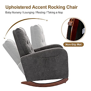 Rocking Chair Modern,Upholstered Glider Rocker Chair for Nursery,Comfy Armchair with Side Pocket for Living Room (Dark Grey)