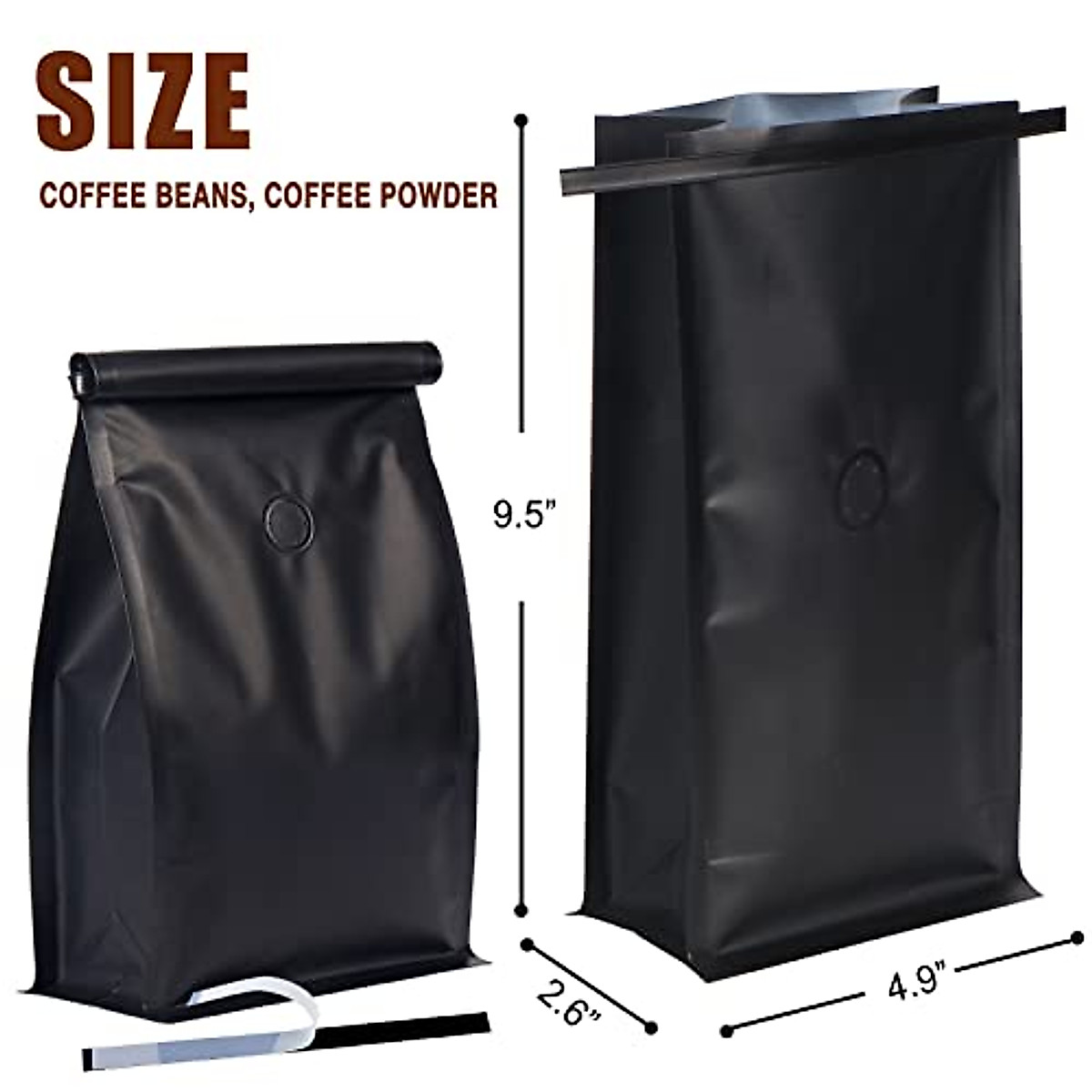 DMpackDM Reusable Tin Tie Coffee Bags with Valve ,(8oz -10oz,50pcs)Empty Black Aluminum foil Coffee Bags with Valve Flat Bottom Standing Coffee Storage Pouch, Reusable Bags for Home or Business
