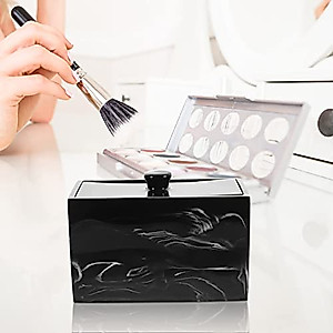 EXCEART Cotton Swab Holder with Lid Resin Marble Pattern Cotton Ball Canister Cotton Pads Dispenser Flossers Storage Box Cosmetics Organizer with 2 Compartments for Barthroom Vanity Black