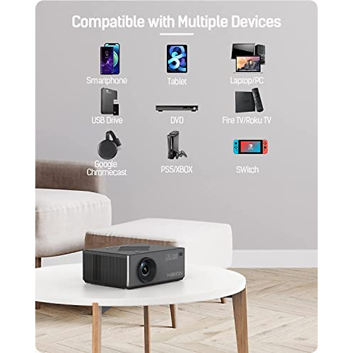 HISION 5G WiFi Bluetooth Projector Native 1080P Movie Projector 4K Support Oudoor Mini Projector for iPhone Home LED TV Projector Compatible with TV Stick Laptop Tablet PC HDMI USB TF DVD