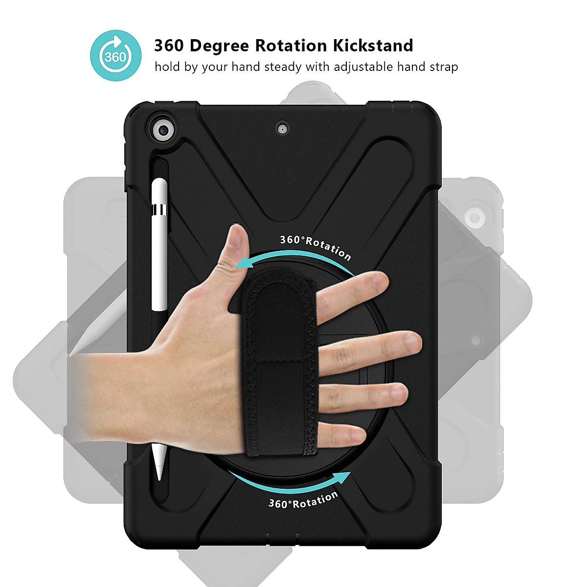 ProCase Rugged Case for iPad 9th/ 8th/ 7th Generation 10.2" (2021/2020/2019), Heavy Duty Shockproof Protective Cover with Strap for iPad 9/8/7 -Black
