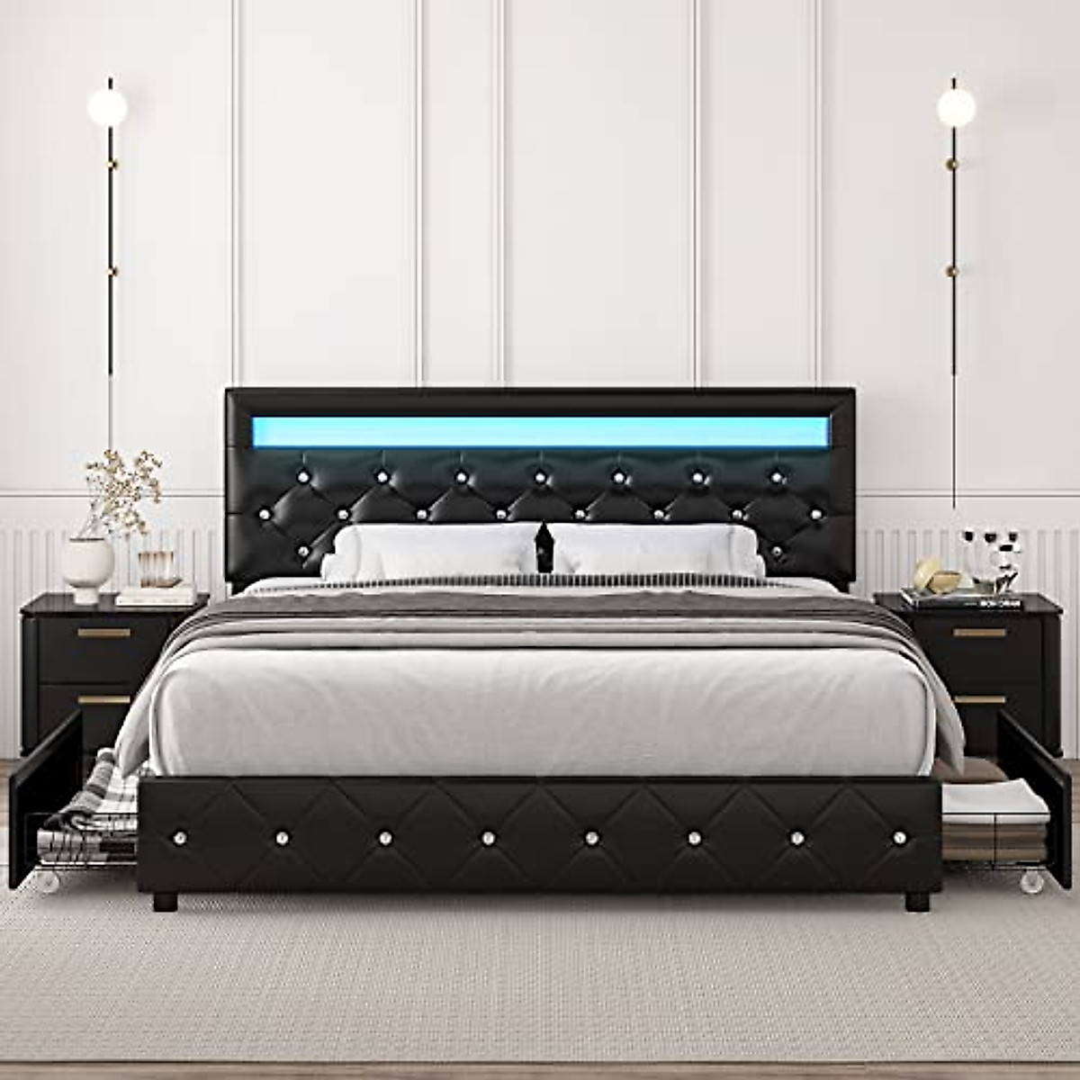 Keyluv Queen Upholstered LED Bed Frame with 4 Storage Drawers and Adjustable Crystal Button Tufted Headboard, Platform Bed with Solid Wooden Slats Support, No Box Spring Needed, Black