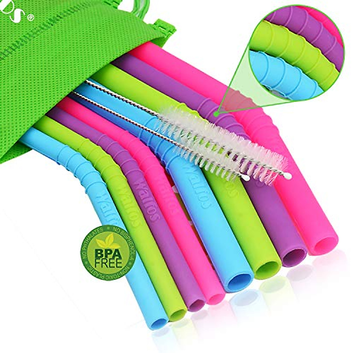 Walfos Reusable Silicone Straws - 2 Size Flexible Drinking Bendy Straws for Smoothies/20 & 30 oz Tumblers, Yeti/Rtic, BPA Free (4 Wide Straws + 4 Regular Straws + 2 Cleaning Brushes + 1 Storage Pouch）