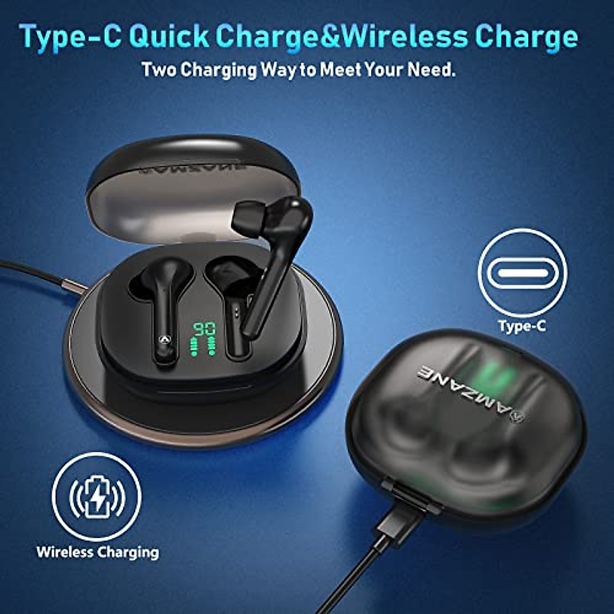 Wireless Earbuds Bluetooth Headphones with Wireless Charging Case and LED Power Display 35Hr Playtime Bass Stereo Sound Earphones Sweatproof Touch Control Built in Mic Headset for Sport Workout Office