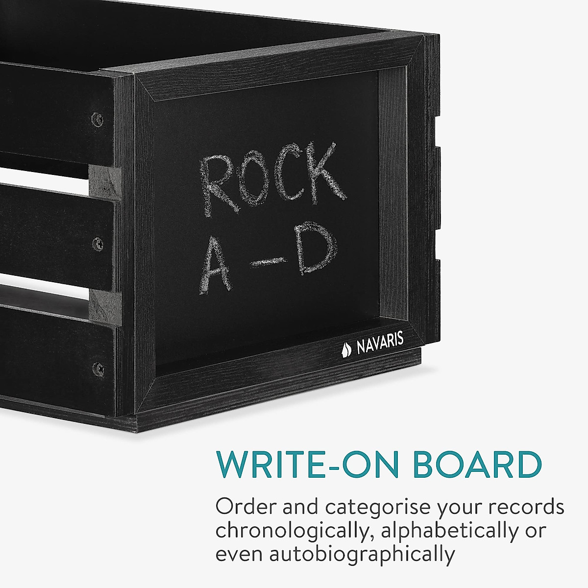 Navaris Wood Record Crate - Vinyl Album Storage Holder Box Wooden Case with Chalkboard Sign Board - Holds up to 80 LP Records - Black