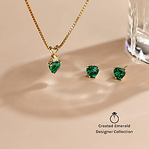 PEORA Created Emerald with Genuine Diamond Pendant for Women 14K White Gold, Elegant Teardrop Solitaire, Pear Shape, 10x7mm, 1.75 Carats total