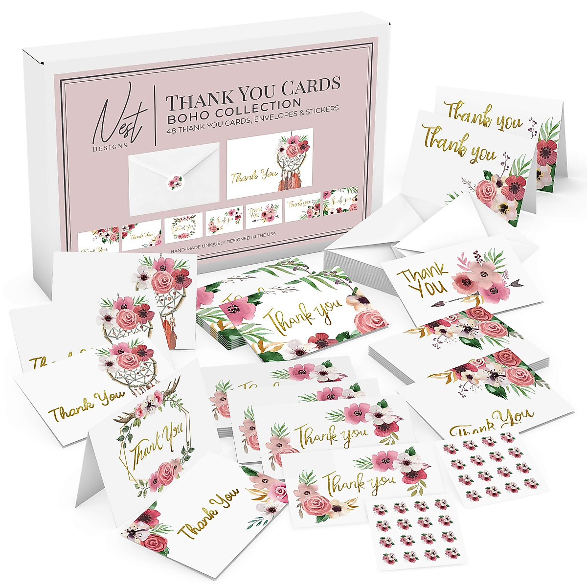 Boho Floral Thank You Cards for Designer Thank You Notes! Bulk Set of 48 Blank Cards with Envelopes for Baby Shower Note Cards, Wedding Thank You Cards and Bridal Shower Thankyou Card