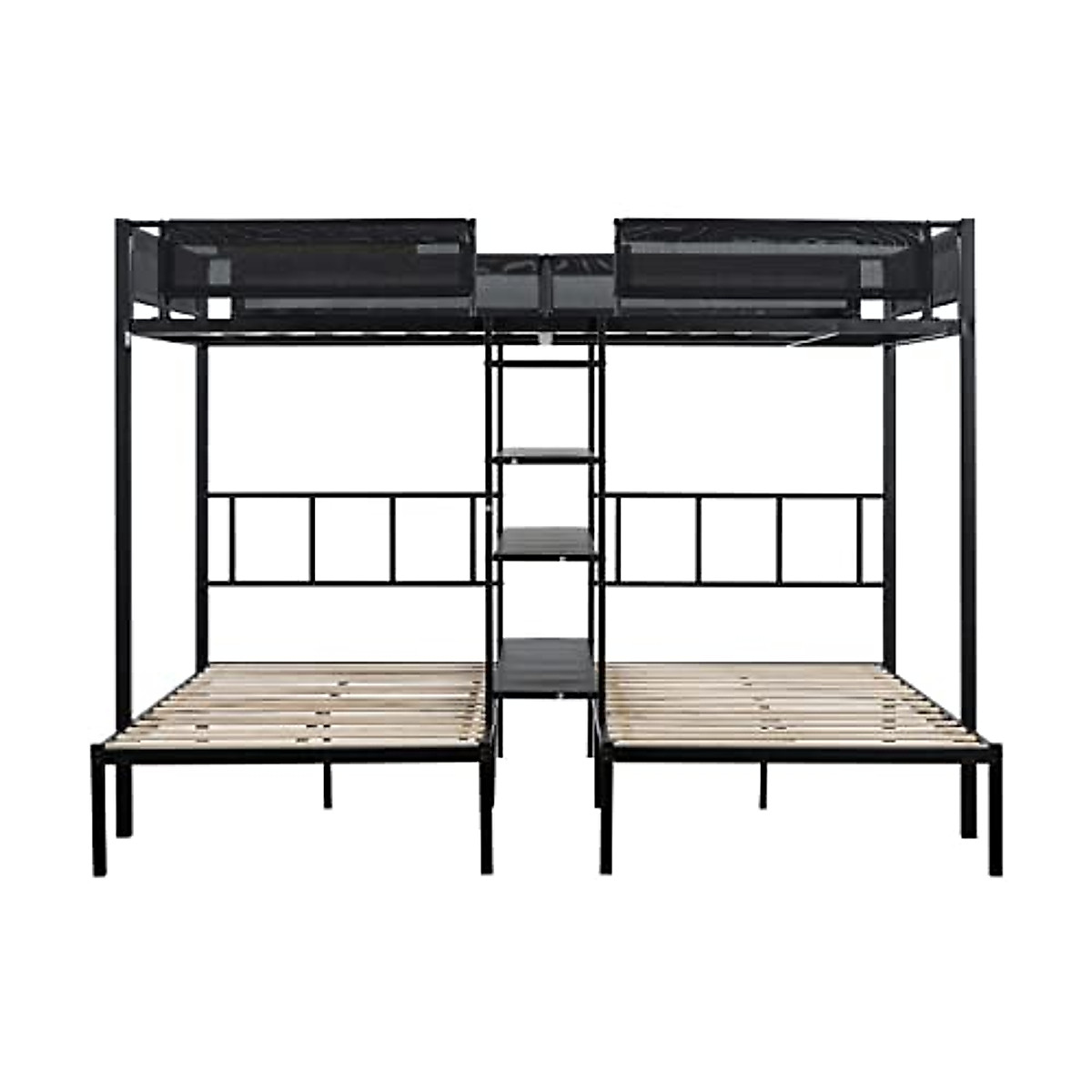 Goohome Full Over Twin and Twin Size Triple Bunk Bed with 4 Shelves, Heavy-Duty Steel Triple Bunk Beds Frame W/Safety Guardrail, Built-in Wood Slat and Ladder, for Kids, Teens, Adults