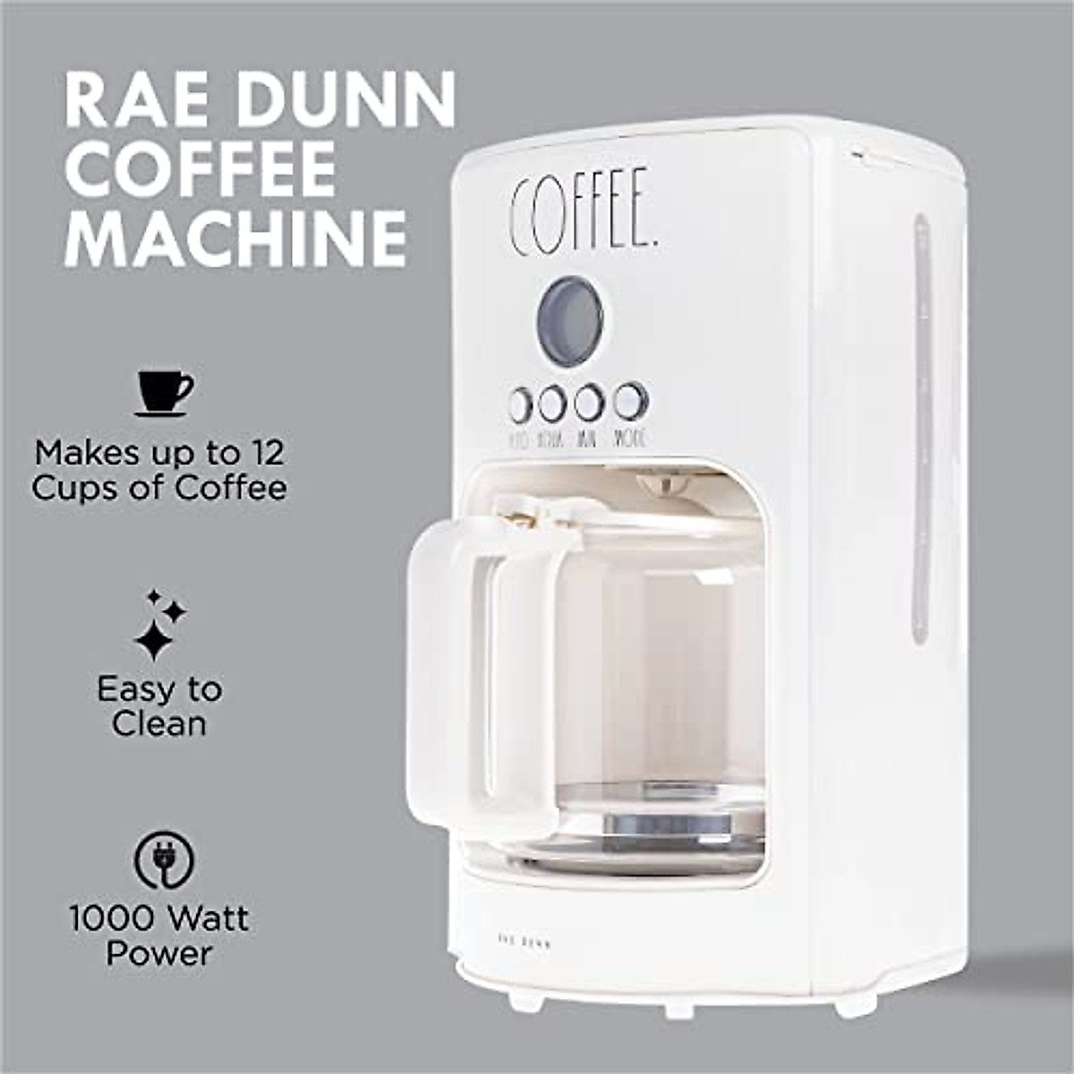 Rae Dunn Programmable Drip Coffee Maker, Coffee Pot for Kitchen, Electric Coffee Machine for Brewing Coffee. Easy to Use Coffee Maker Brews 12 Cups, Genuine Labelled COFFEE