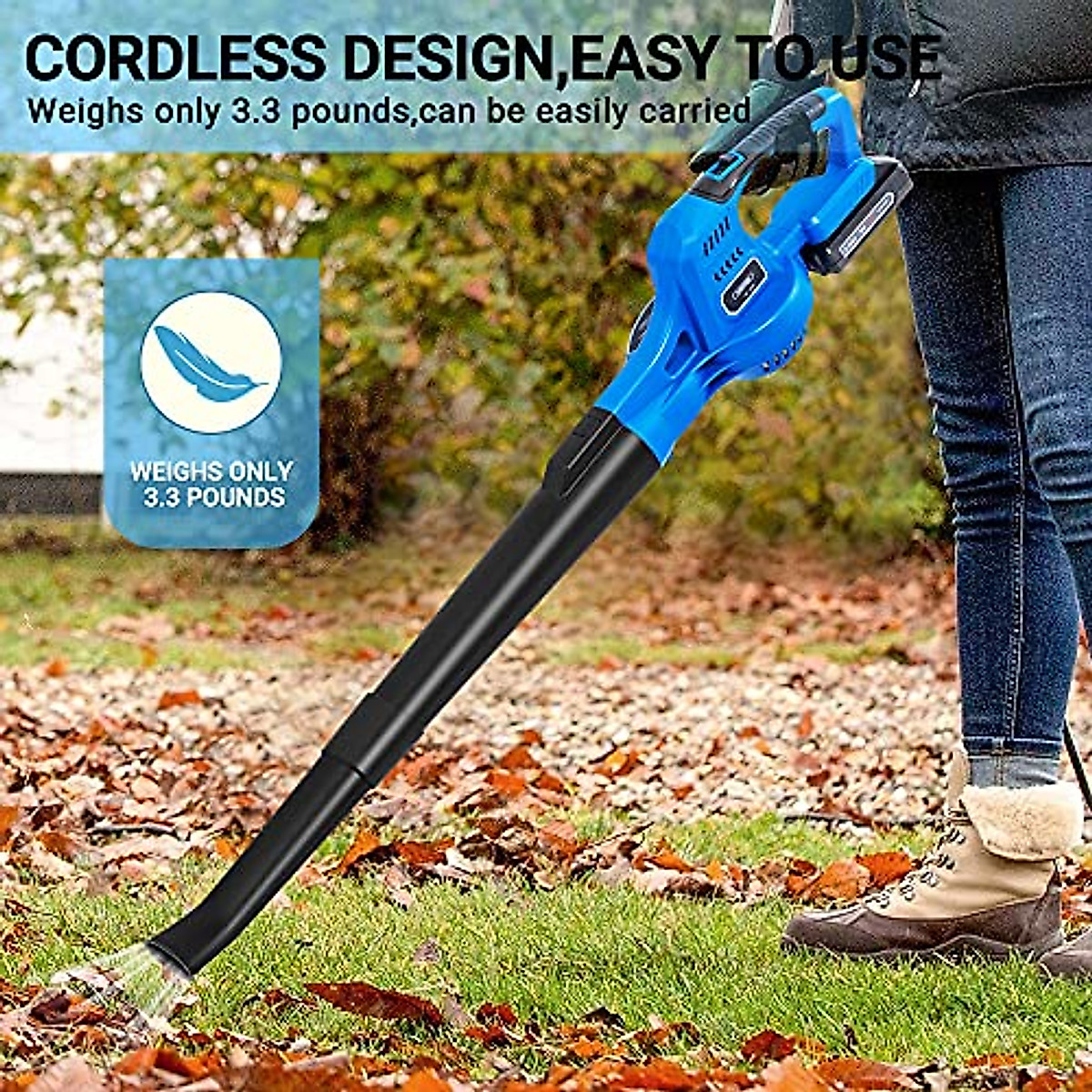 WISETOOL 20V Cordless Leaf Blower with Battery and Charger, Leaf Blower Battery Operated, Rechargeable Electric Handheld Leaf Blowers Variable Speed with 2 Tubes for Patio, Leaves and Snow Blowing