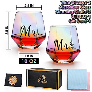 Ymyaye Mr and Mrs Wine Glasses Set of 2 Wedding gifts, Engagement Gift, Iridescent Diamond Shaped Wine Glasses for Couples Gifts, Unique Colorful Stemless Wine Glasses for His and Hers (Mr. and Mrs.)