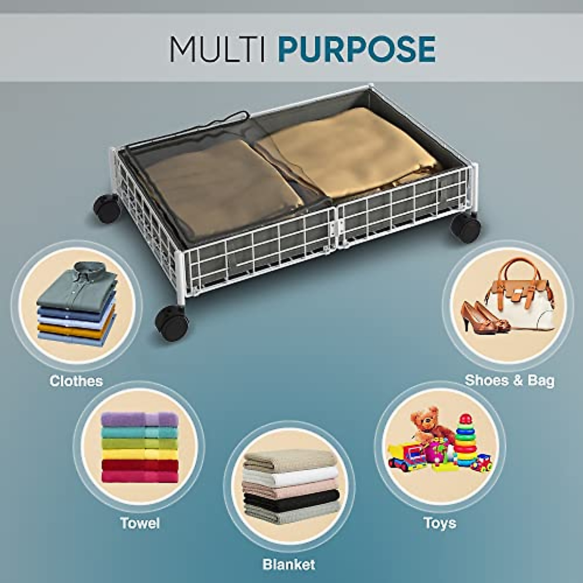 Under Bed Storage Containers With Wheels, Under Bed Storage With Wheels, Rolling Underbed Storage, With Bag-Under Bed Storage Containers, Under Bed Storage for Clothes, Shoes, Blankets, 2in1 (White)