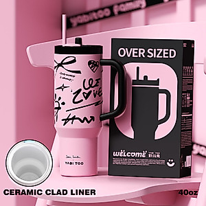 John Smith 40 oz Tumbler with Handle and Straw Reusable Stainless Steel Water Bottle Travel Mug Cupholder Friendly Gifts for Women Men Him Her (Pink)