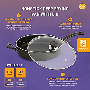 Mehtap 13 Inch Saute Pan with Lid and Two Handles, Teflon Classic Nonstick Frying Skillet Cookware for Simmering, Sautéing, and Braising, Black