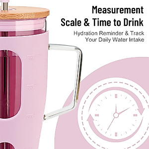 Zukro 40 oz Glass Tumbler with Bamboo Lid and Straw, Glass Water Drinking Cup With Handle, Boba Straw, Time Marker, Large Glass Iced Coffee Cup with Silicone Sleeve, BPA Free, Lilac