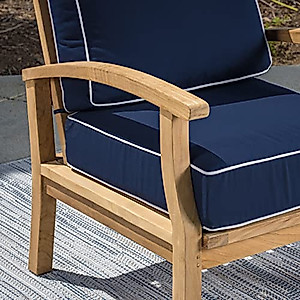 Tortuga Outdoor Jakarta Teak 4 Piece Club Chairs and 2 Ottomans, Navy Cushions Outdoor Furniture Set, Brown