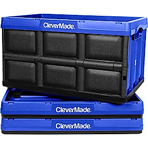 CleverMade Collapsible Storage Bin, Royal Blue, 3PK - 62L (16 Gal) Stackable Storage Containers, Holds 100lbs Per Bin - Plastic Storage Bins for Organizing, Closet Storage, Garage Storage