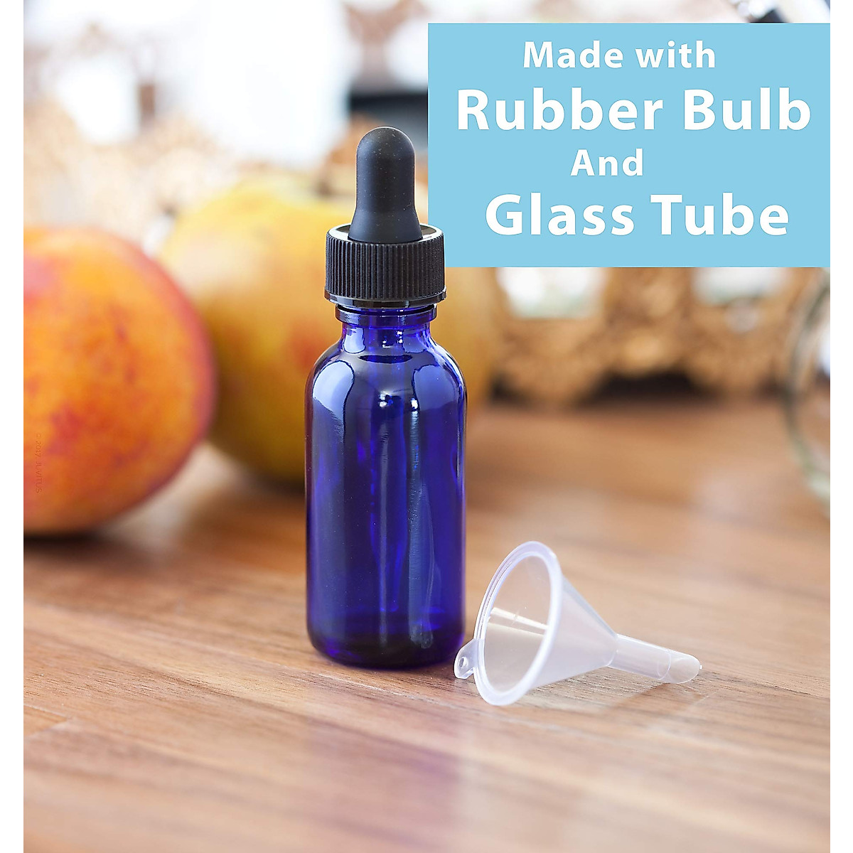 JUVITUS 1 oz / 30 ml Cobalt Blue Glass Boston Round Bottle with Graduated Measurement Glass Dropper (4 pack) + Funnel