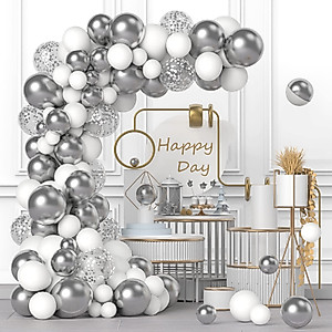 White and Silver Balloon Garland Arch Kit - 120Pcs 12In 10In 5In White Silver Metallic Confetti Latex Balloons for Graduation Birthday Baby Shower Wedding Father's Day Party Decorations