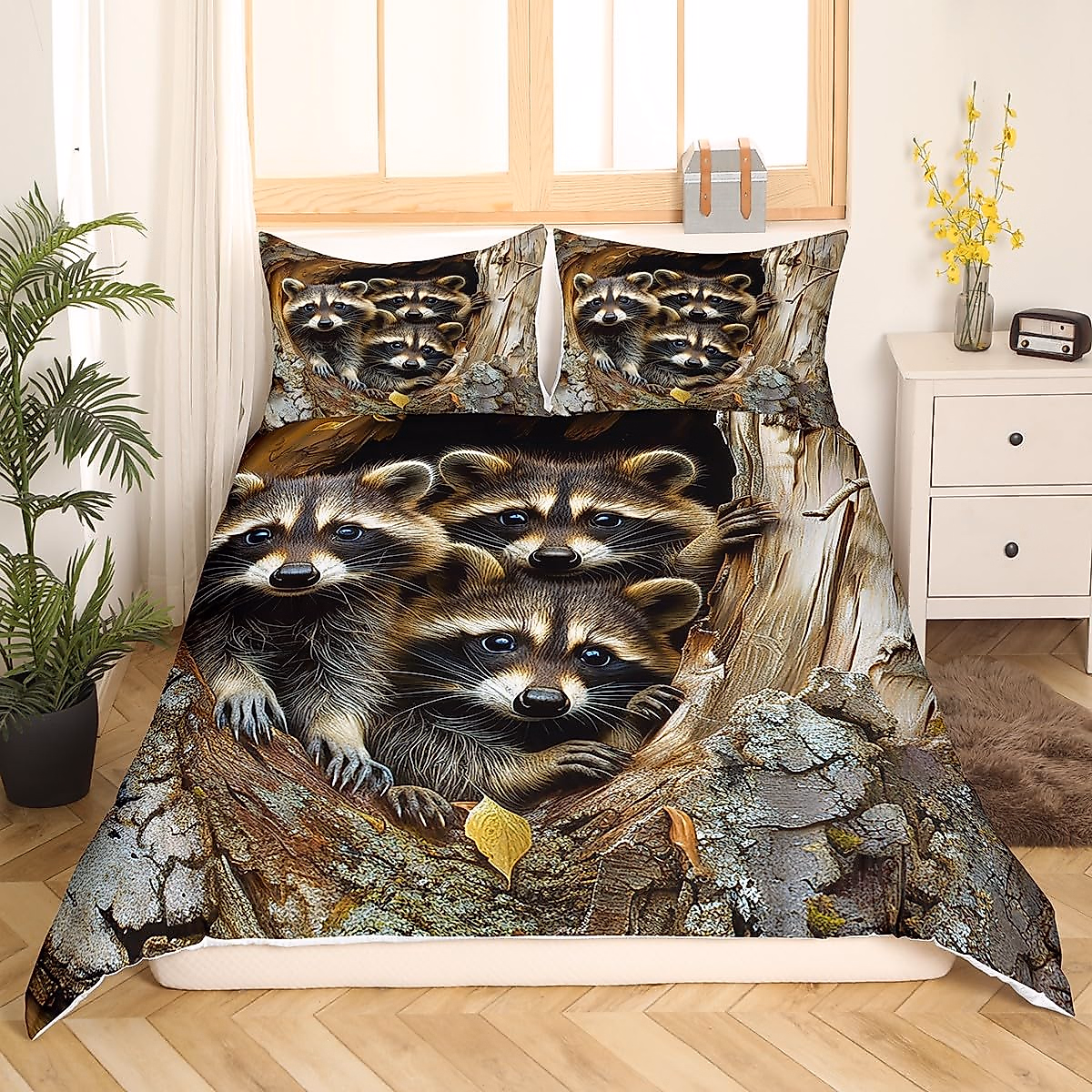 Raccoon Bedding Duvet Cover Set Queen Size Raccoon Bedding Set for Kids Boys Girls Possum Gifts Comforter Cover Set Raccoon Stuffed Animal Family Bedspread Cover Bedroom Bedclothes