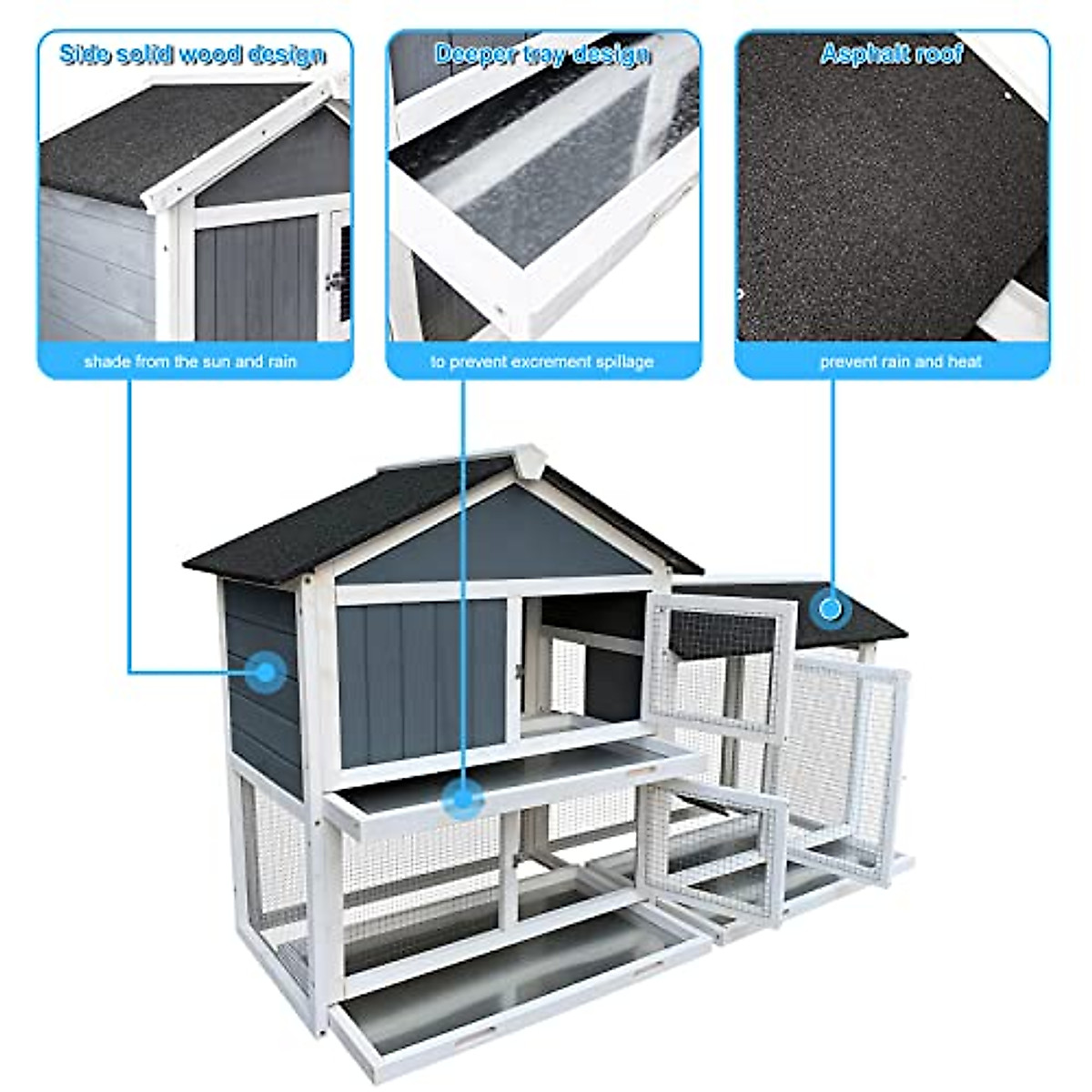 Lifeand Rabbit Hutch Chicken Coops Bunny Cage with Pull Out Tray, Ramp, Lockable Doors,Two Run Cage Outdoor Wooden Small Animal House,Gray