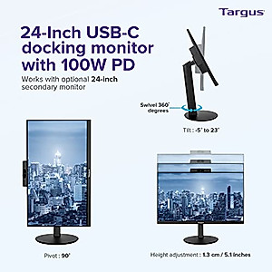 Targus 24-inch USB-C Docking Computer Monitor w/ 100W PD, Adjustable Height Mac PC Monitor 360 Degree Rotating 24 inch Monitor Gaming Monitor w/Dock, Dual Monitor Compatible w/DM4240SUSZ (DM4240PUSZ)