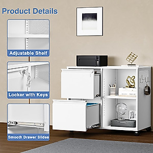 LISSIMO Metal File Cabinet,Lockable Lateral Filing Cabinet for Letter/A4 Size Files,Rolling Printer Stand with Adjustable Shelf & Lockable Wheelss for Home Office(White)