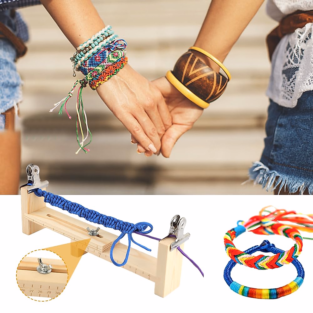 JIANWEI Wooden Jig Bracelet Maker, Paracord Jig Tool, Bracelet Braiding Tool with 4 Rolls Paracord and 4 Buckles, Hand Knitting Kit for Weaving DIY Craft(Wood)